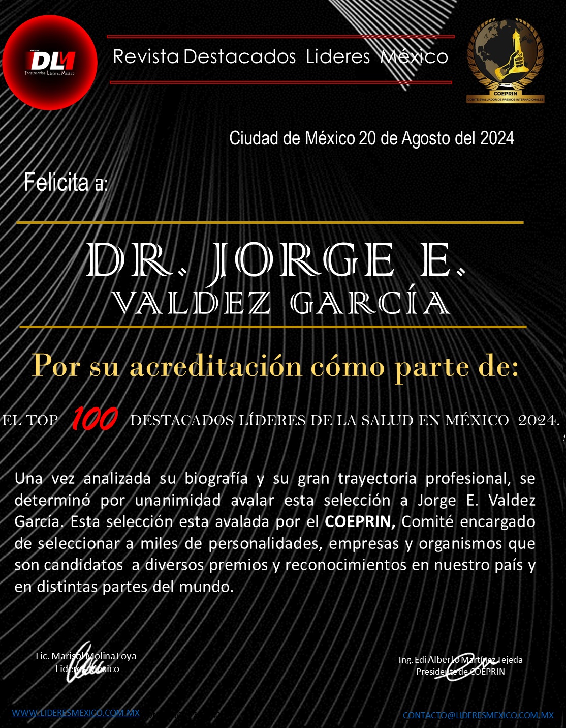 Carta felicitación Dr. Jorge E. Valdez García :: destacadoslideresdeméxico